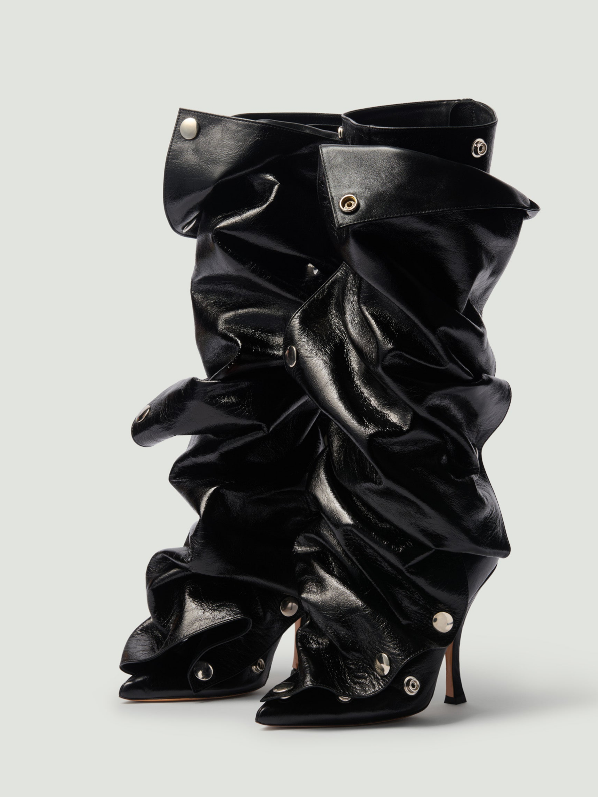 Black Crinkle Detachable Snap Panel Full-Zip Mid Calf Stiletto Boots ...