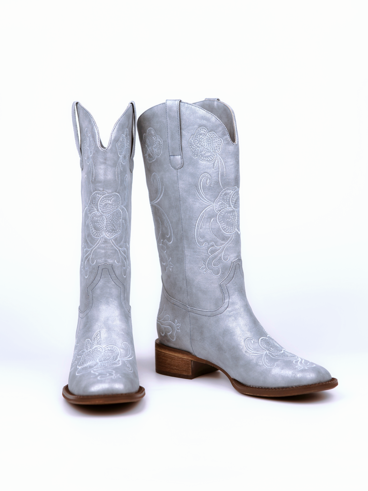 Light Blue Metallic Gradient Floral Embroidery Wide Calf Western Boots ...