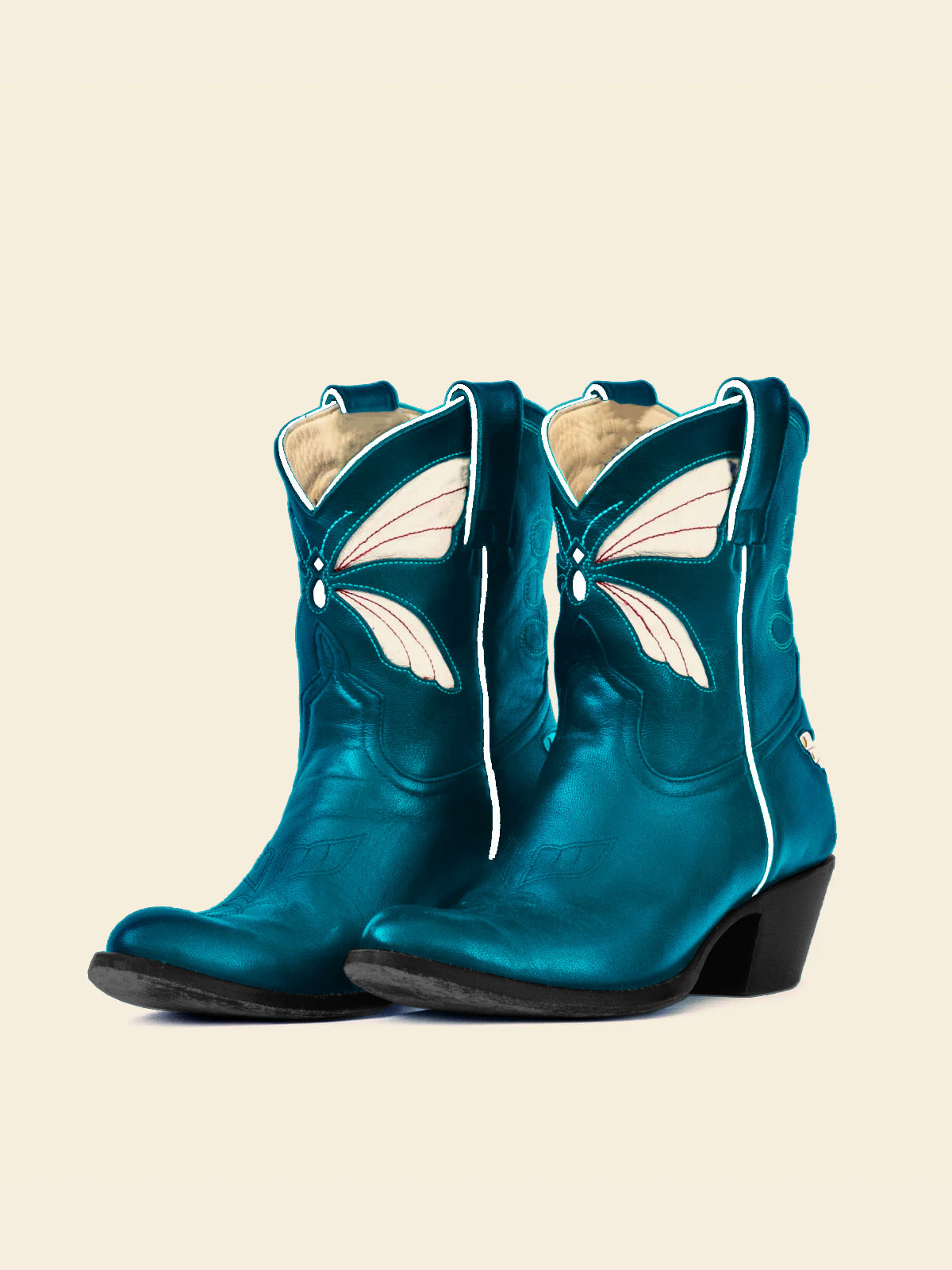 Metallic Turquoise Embroidered Ankle Booties With Butterfly Inlay ...