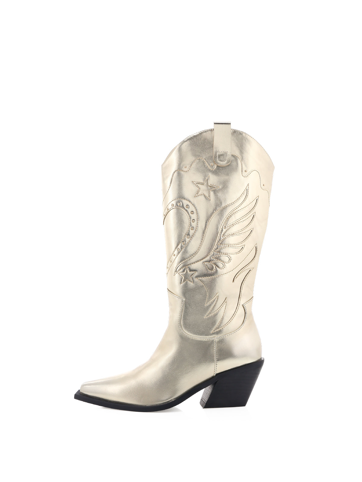 Metallic Gold Snip-Toe Stars Wing Heart Inlay Mid Calf Cowgirl Boots ...