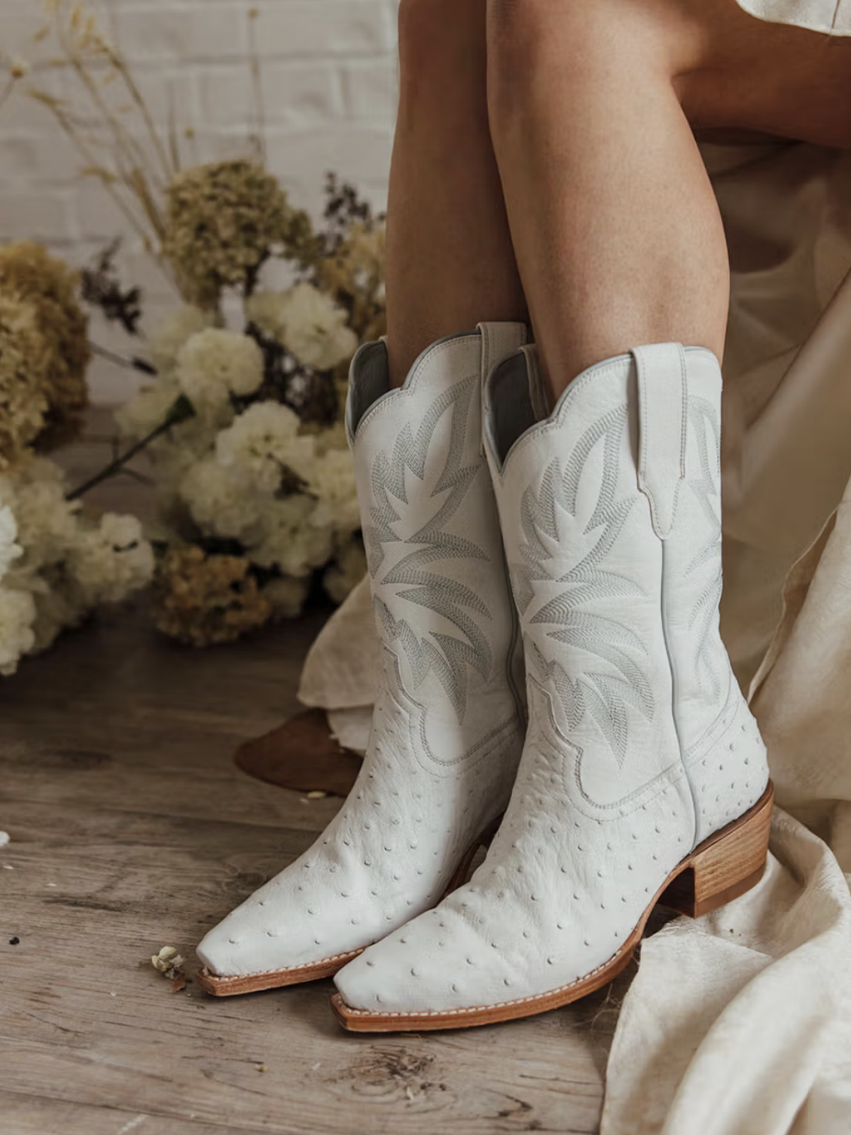 Retro Embroidery Ostrich Print Vamp Mid Calf Cowgirl Boots - White ...