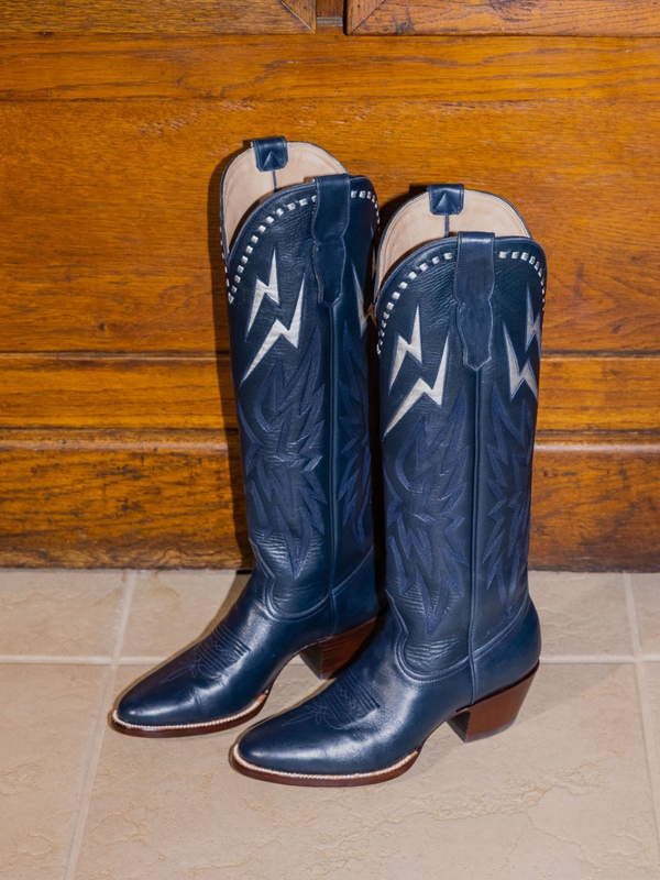 Metallic Silver Lightning Inlay Stitch Embroidery Cowgirl Boots - Blue ...