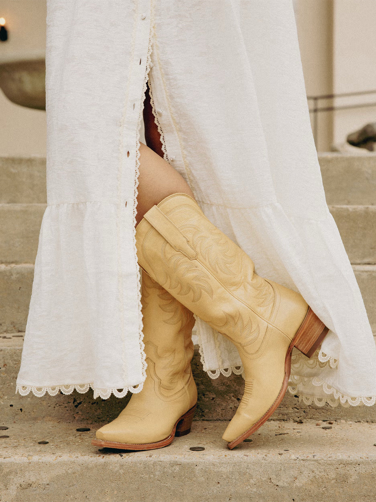 Marigold Yellow Snip-Toe Embroidery Wide Calf Knee High Cowgirl Boots ...