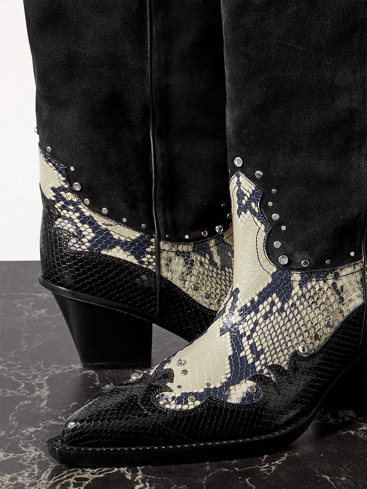 Contrast Snakeskin And Black Pointed-Toe Studded Mid Calf Cowgirl Boot ...