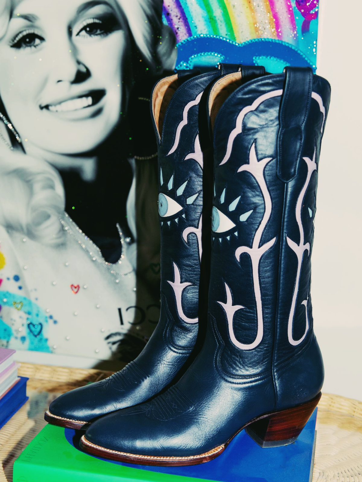 Navy Blue Evil Eye Inlay Wide Calf Knee High Western Cowgirl Boots ...
