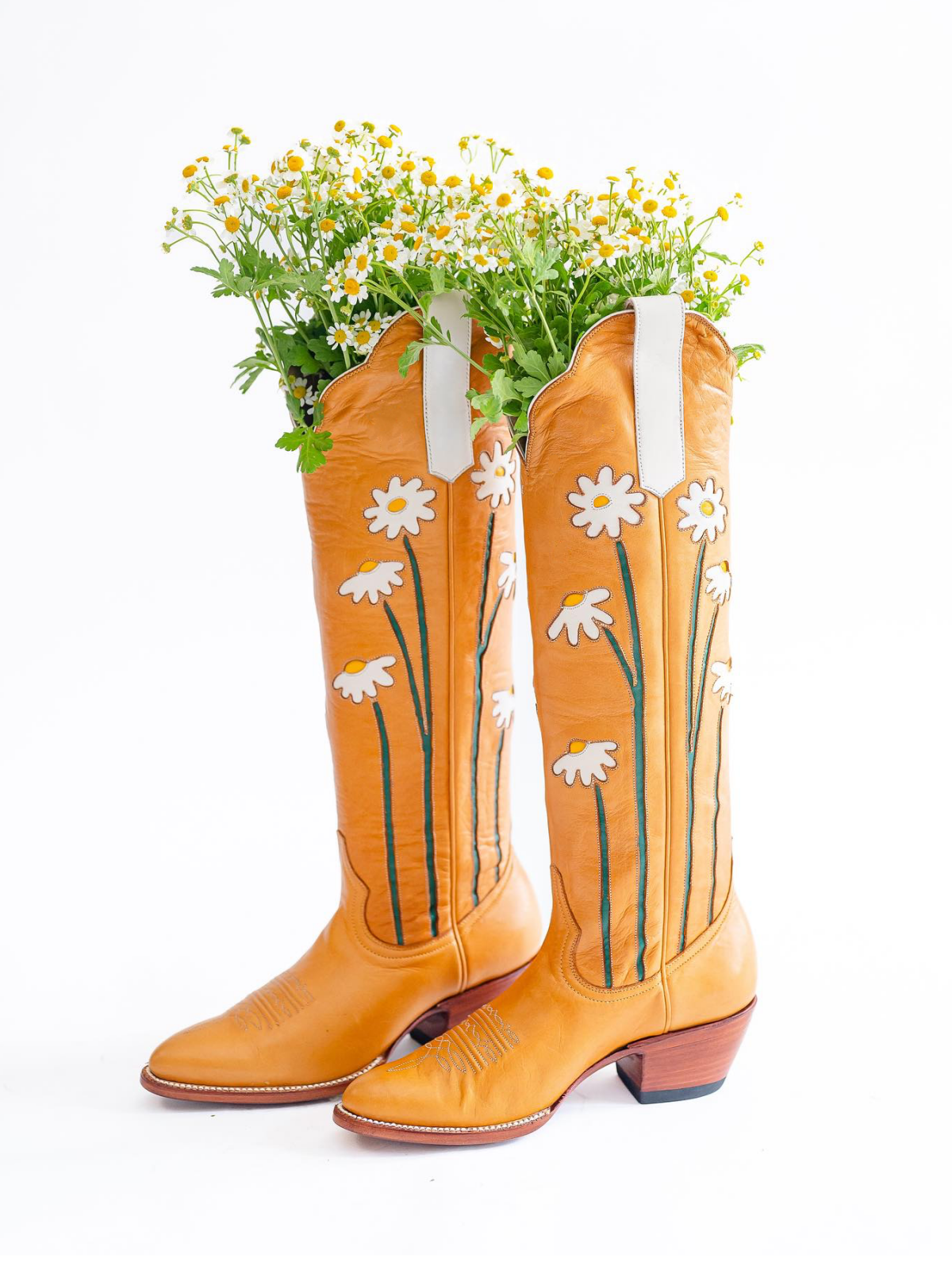 Orange Wide Calf Western Boots Knee High Tall Boots With Floral Inlay ...