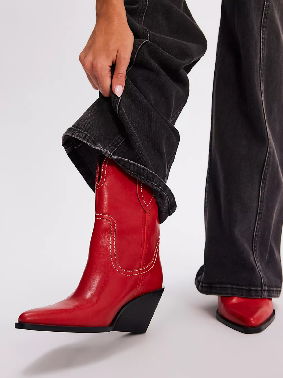 Red Pointed-Toe Vegan Leather Stitch Wide Mid Calf Cowgirl Boots ...