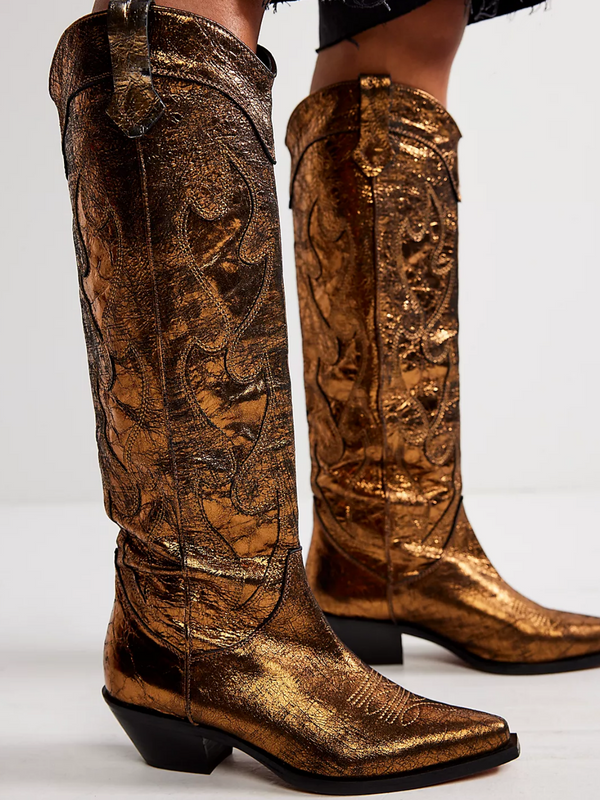 Metallic Gold Crinkle Stitch Inlay Pointy Wide Calf Cowgirl Tall Boots ...