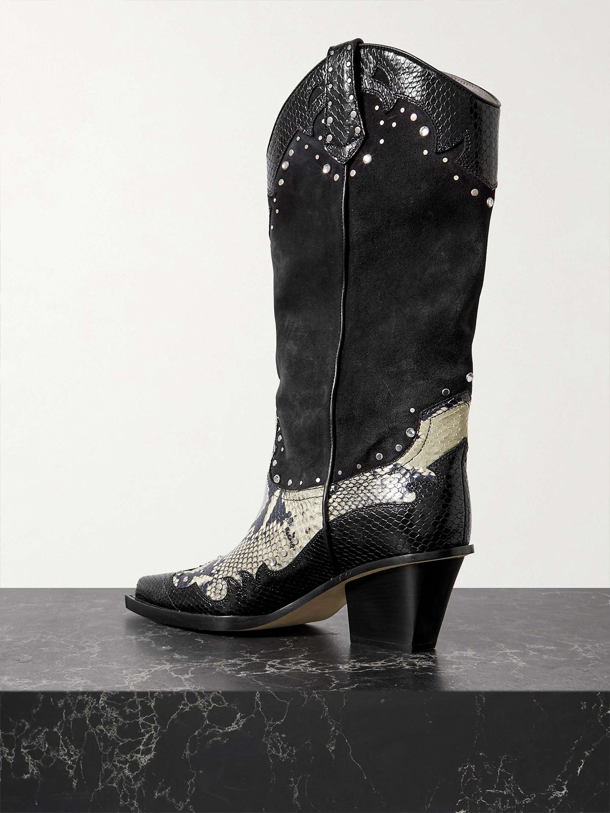Contrast Snakeskin And Black Pointed-Toe Studded Mid Calf Cowgirl Boot ...