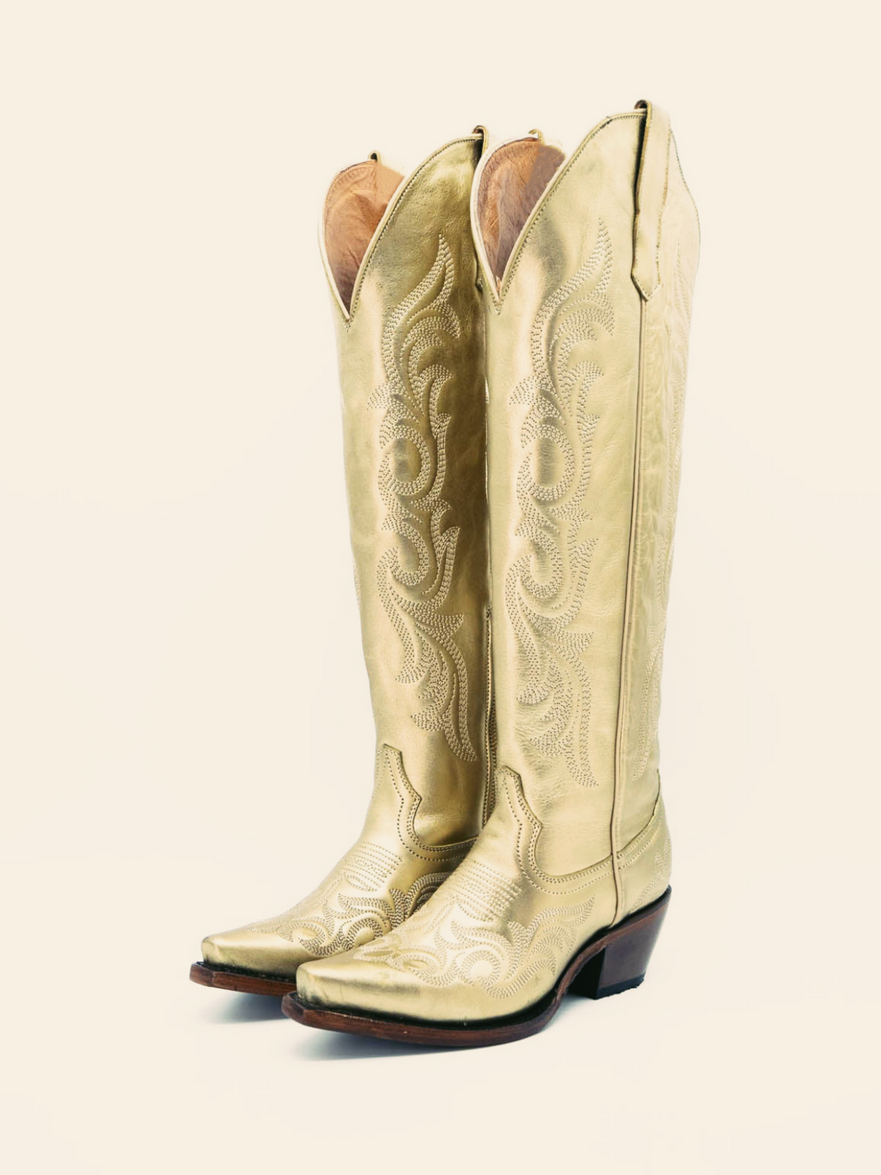 Metallic Gold Embroidery Snip-Toe Wide Calf Knee High Cowgirl Boots ...