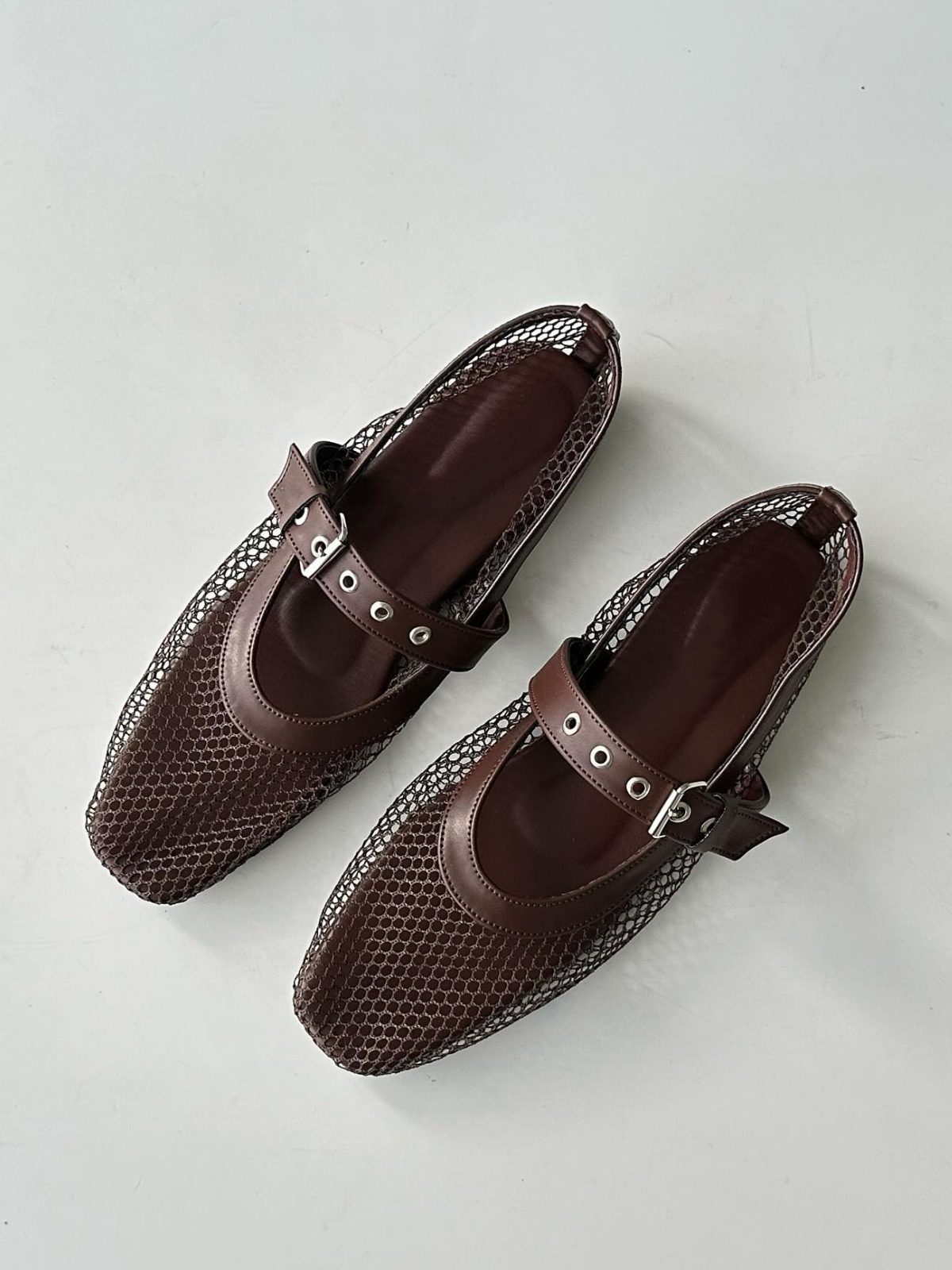 Dark Brown Fishnet Square Toe Ballet Flats Grommet Strap Mary Janes ...
