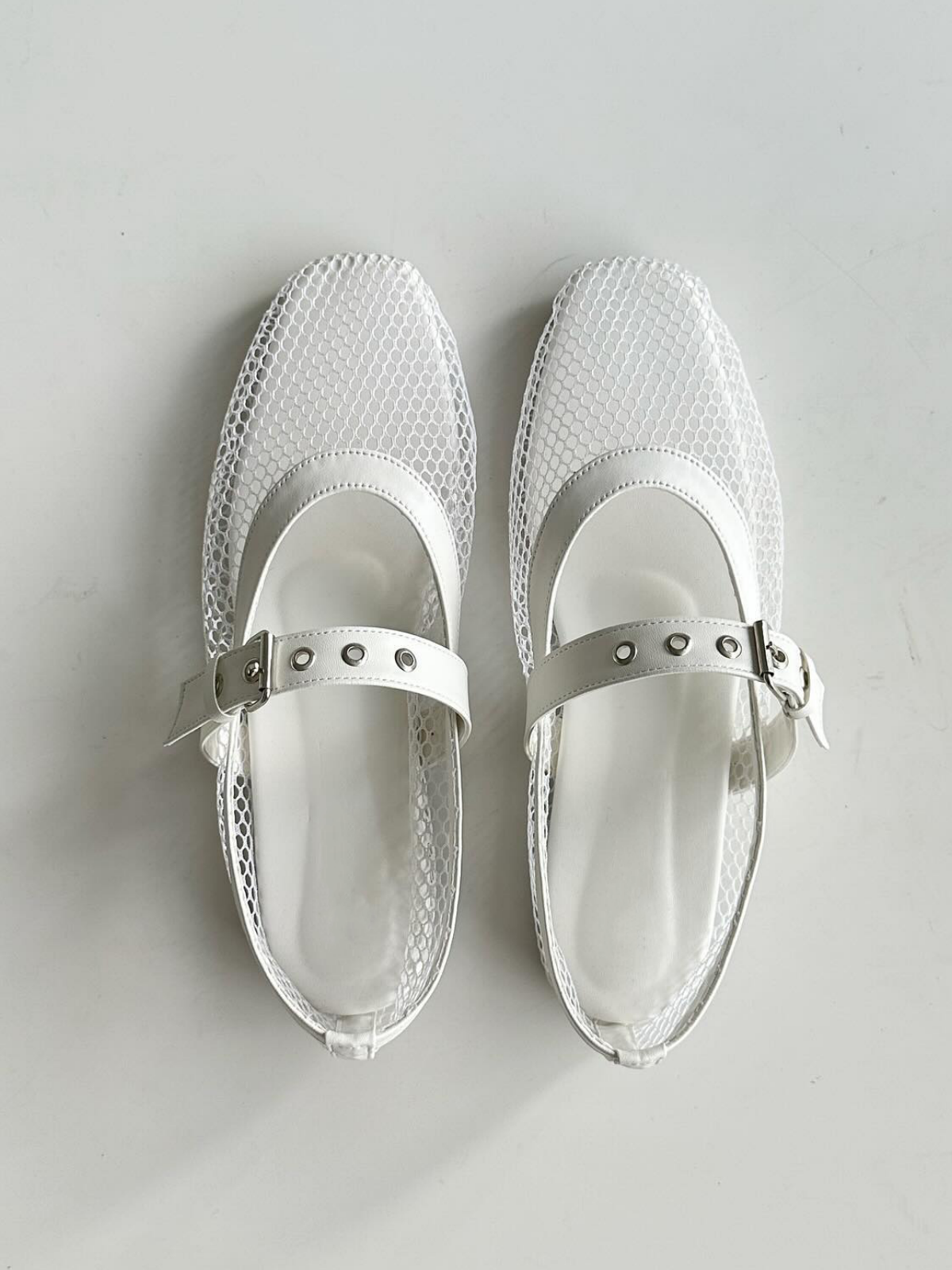 White Fishnet Square Toe Ballet Flats Grommet Strap Mary Janes ...