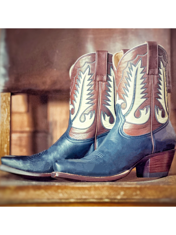 Contrast Blue And Brown White Feather Inlay Wide Calf Cowgirl Boots ...