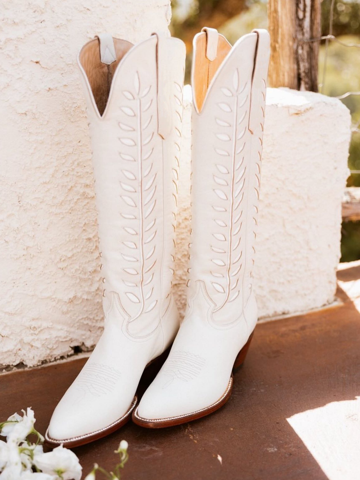 Ivory Leaves Inlay Wide Calf Tall Knee High Cowgirl Boots - Cream ...