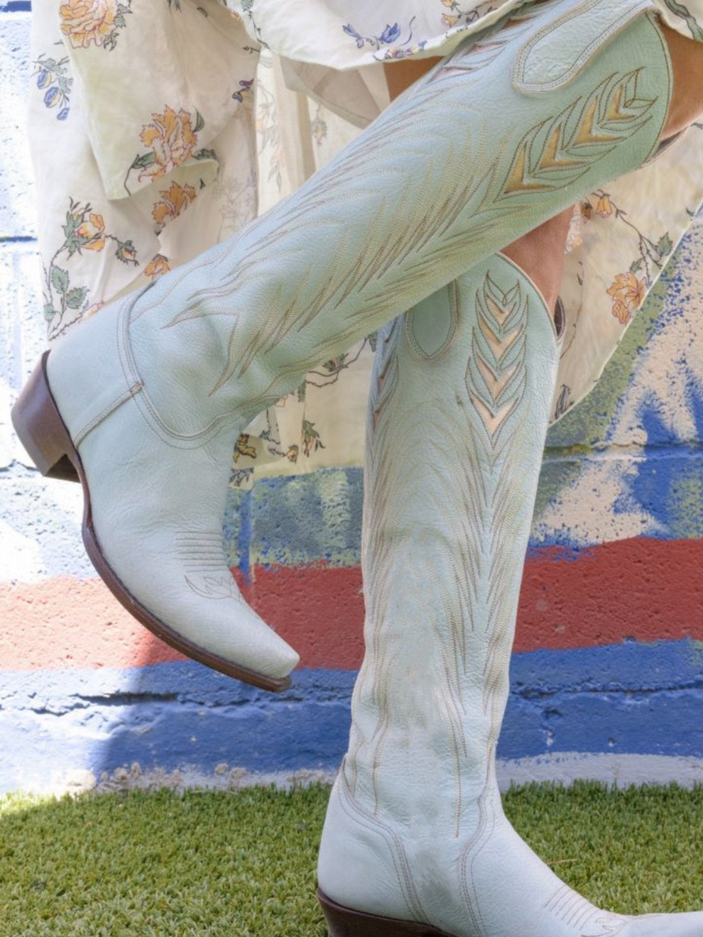 Light Blue Inlay Grass Stitch Snip-Toe Cowgirl Wide Calf Tall Boots ...