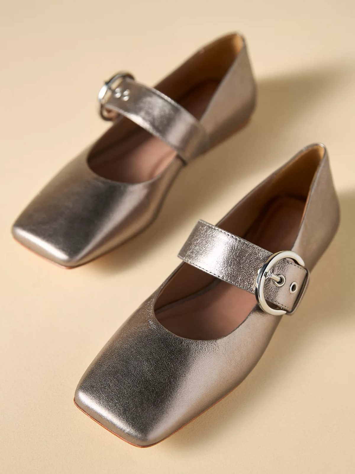 Metallic Silver Square-Toe Wide Bridge Strap Flats – Fuchsia Boots