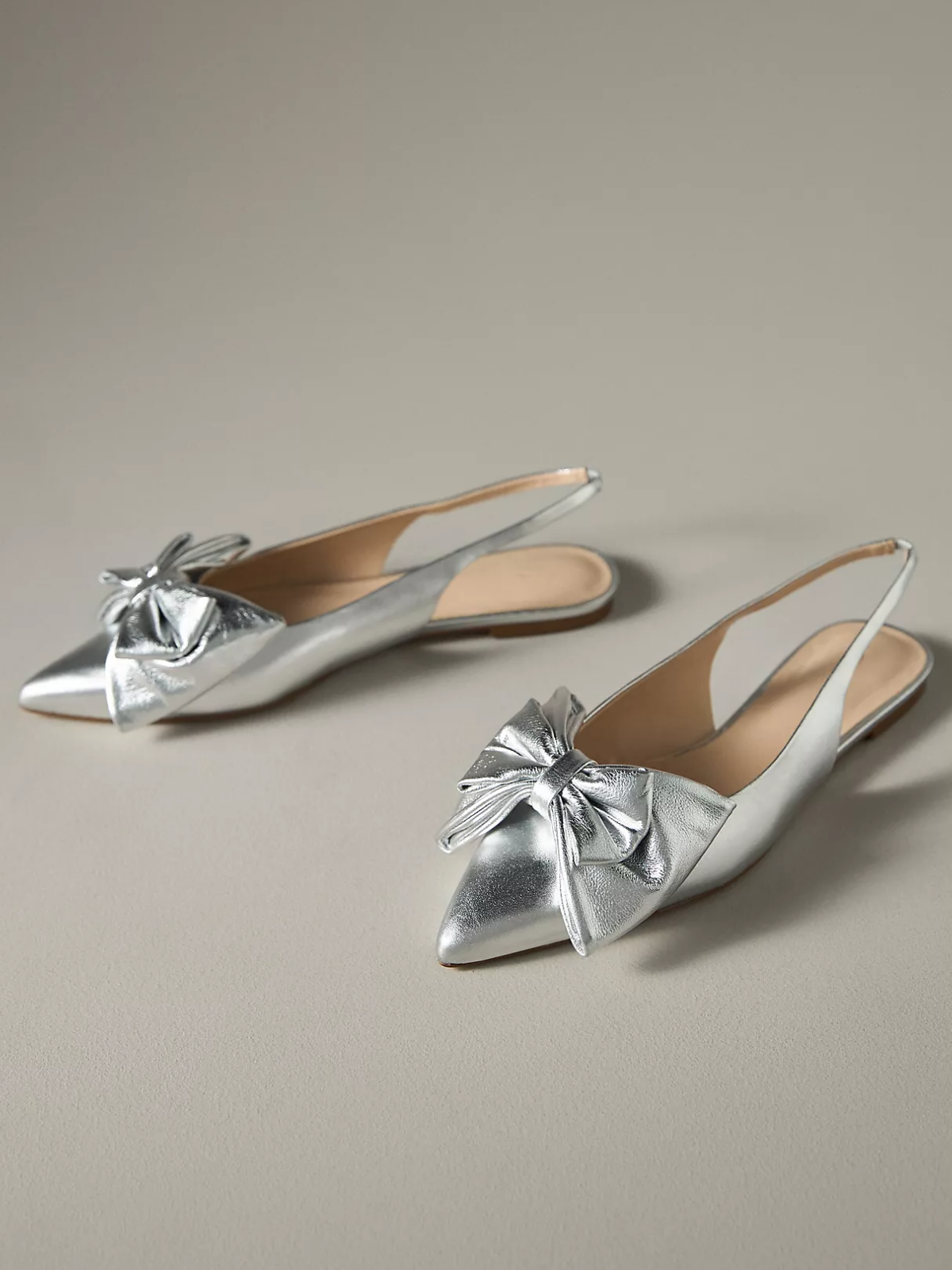 Metallic Silver Pointed-Toe Bow Slingback Flats – Fuchsia Boots