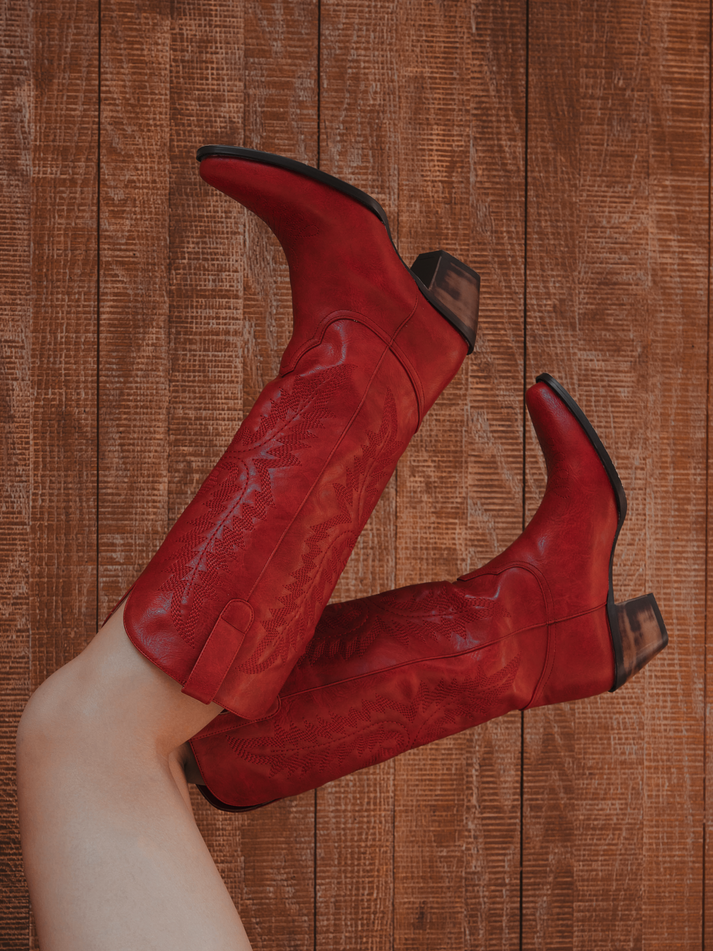 Red Western Wide Calf Cowgirl Boots With Grass Embroidery – Fuchsia Boots