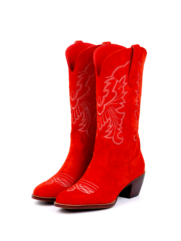 Red Faux Suede Wide Calf Cowgirl Retro Boots With Eagle Embroidery ...