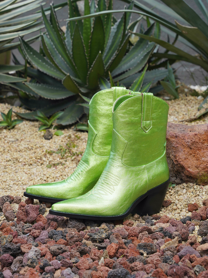 Metallic Green Pointed-Toe Cowgirl Ankle Booties For Women – Fuchsia Boots