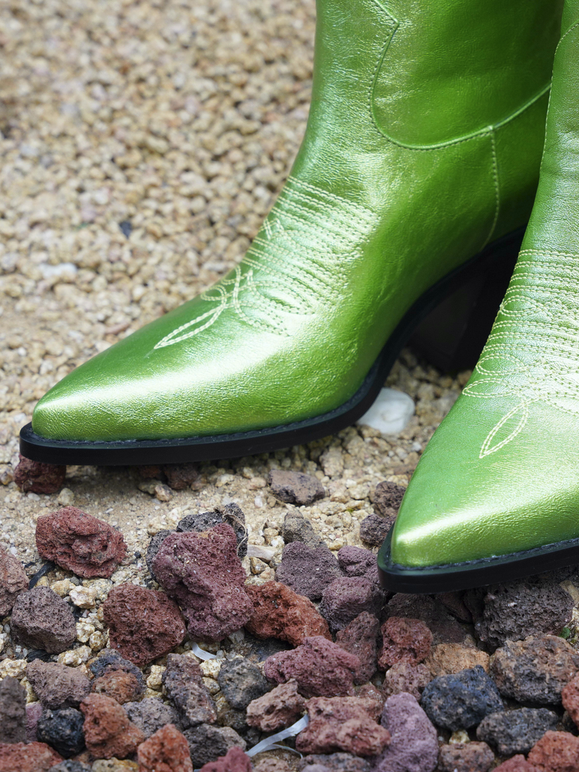 Metallic Green Pointed-Toe Cowgirl Ankle Booties For Women – Fuchsia Boots