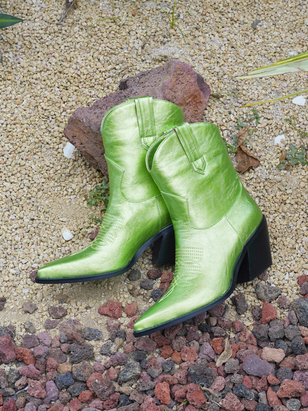 Metallic Green Pointed-Toe Cowgirl Ankle Booties For Women – Fuchsia Boots