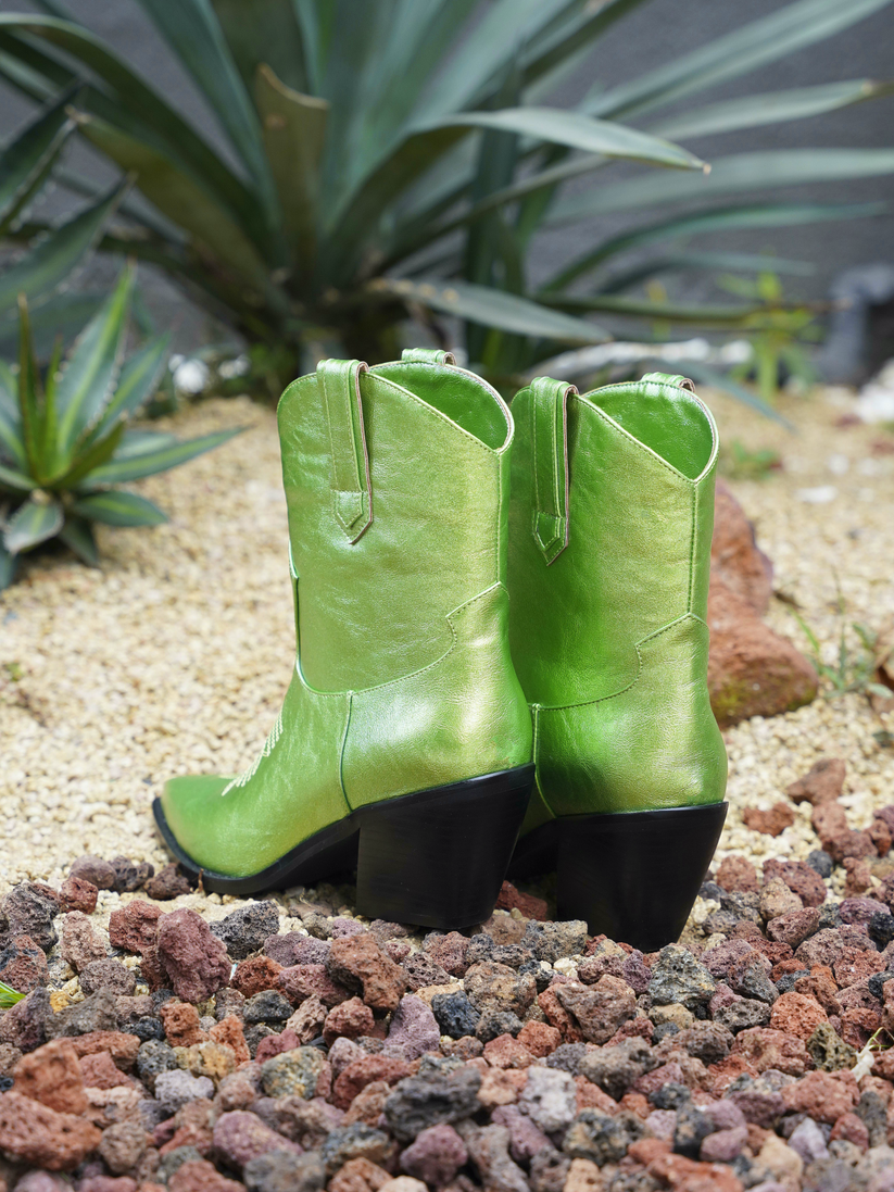 Metallic Green Pointed-Toe Cowgirl Ankle Booties For Women – Fuchsia Boots