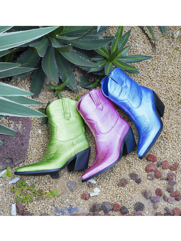 Metallic Green Pointed-Toe Cowgirl Ankle Booties For Women – Fuchsia Boots