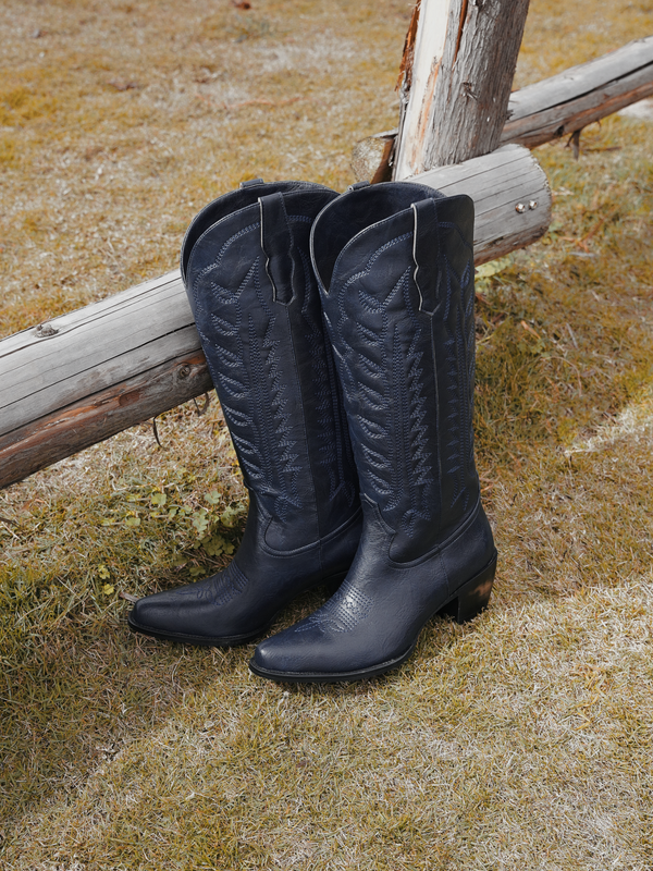 Dark Blue Snip Toe Leaf Embroidered Cowgirl Wide Calf Boots – Fuchsia Boots