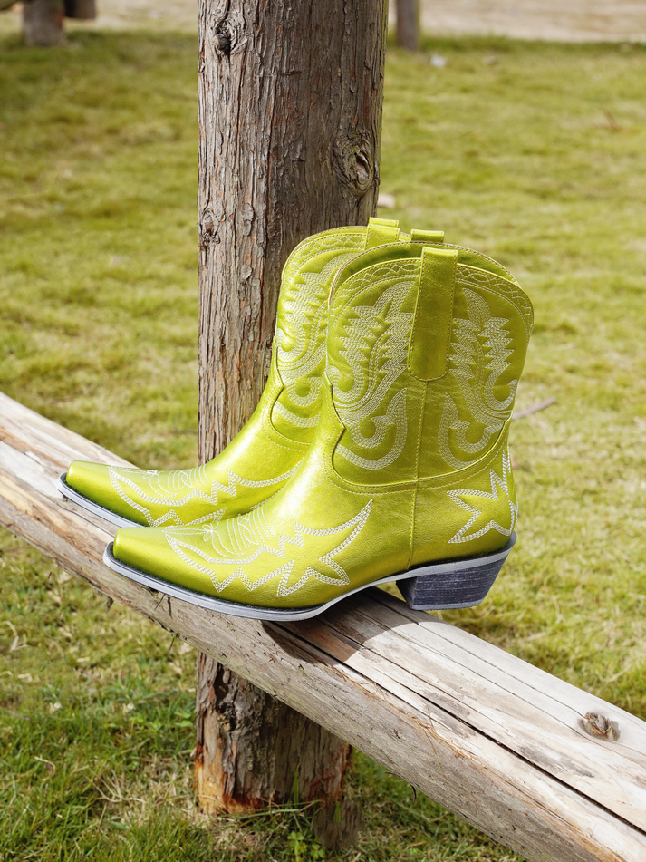 Green Metallic Cowgirl Wide Calf Boots With Grass Embroidery – Fuchsia ...