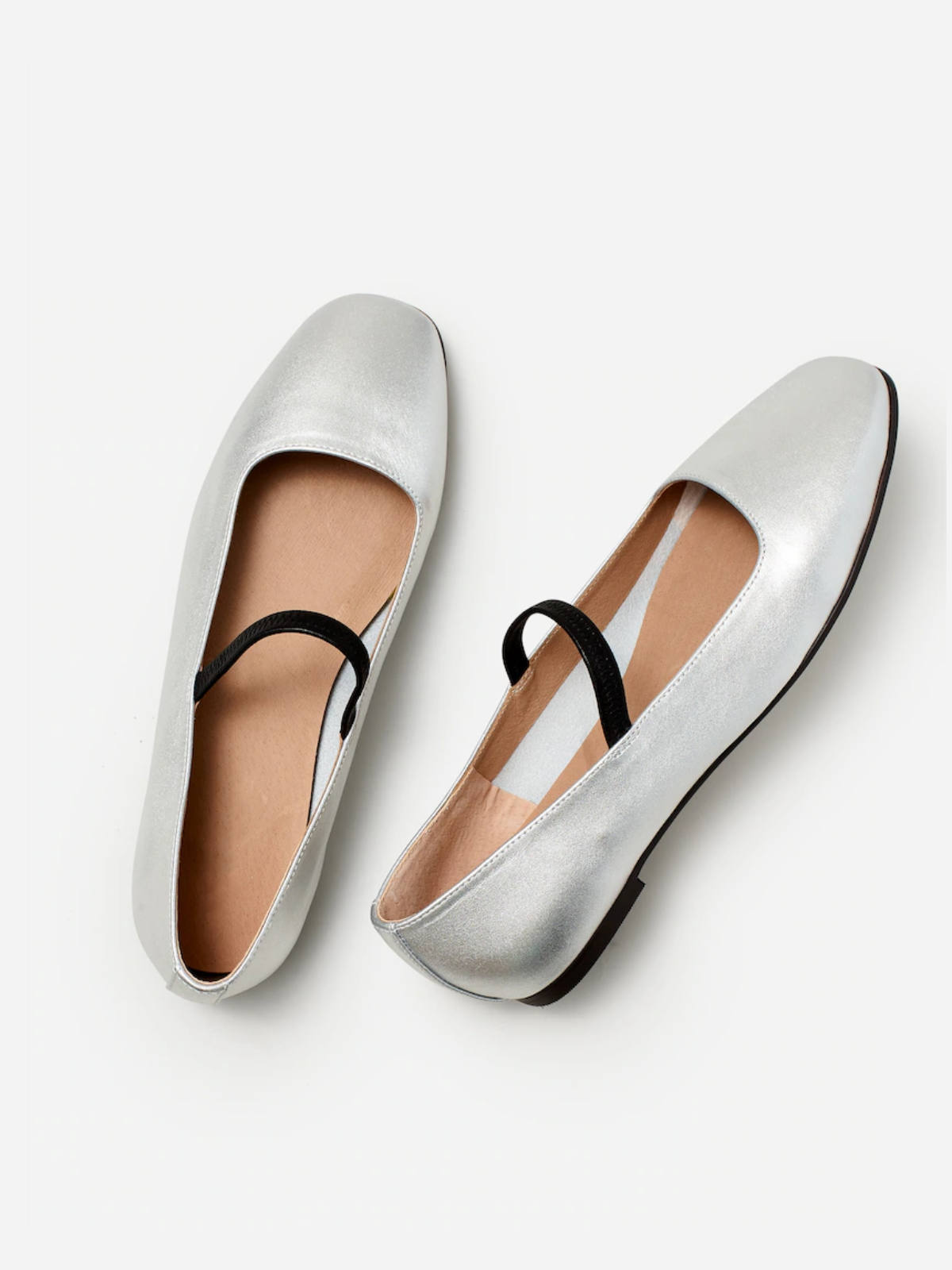 Metallic Silver Square-Toe Vegan Leather Ballet Flats Mary Janes ...