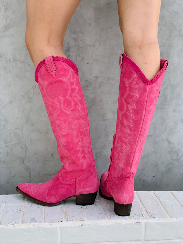 Snip-Toe Classic Embroidery Half-Zip Knee High Cowgirl Boots - Pink ...