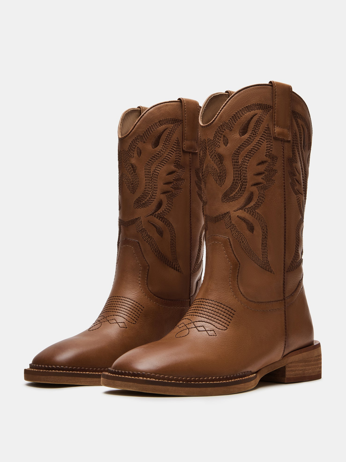 Cognac Square-Toe Classic Embroidery Wide Mid Calf Cowgirl Boots ...