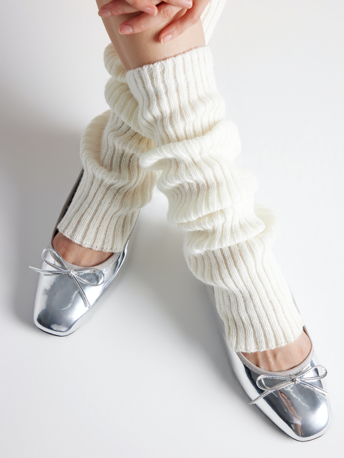 Silver Square Toe Bow Ballet Flats In Mirror-Finish Metallic Leather ...