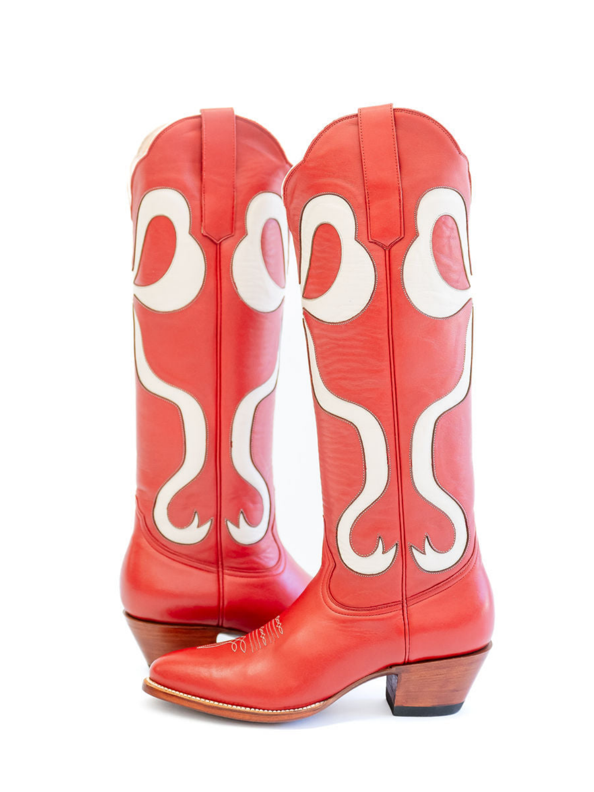 Red Wide Calf Western Boots Knee High Boots With Ivory Bowknot Inlay ...