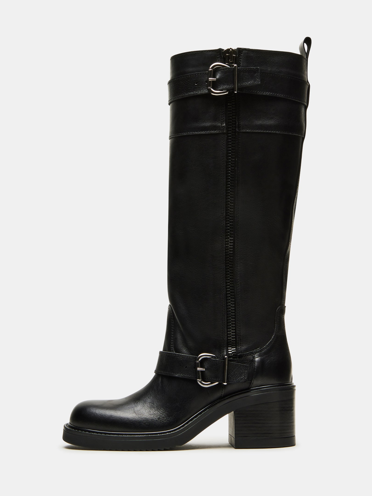 Black Round Square-Toe Mid Calf Full-Zip Cowgirl Boots With Buckles ...