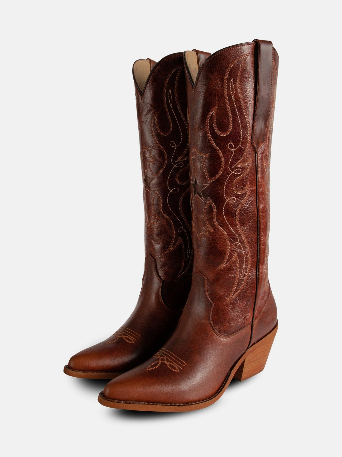 Chocolate Snip-Toe Embroidery Star Inlay Wide Mid Calf Cowgirl Boots ...